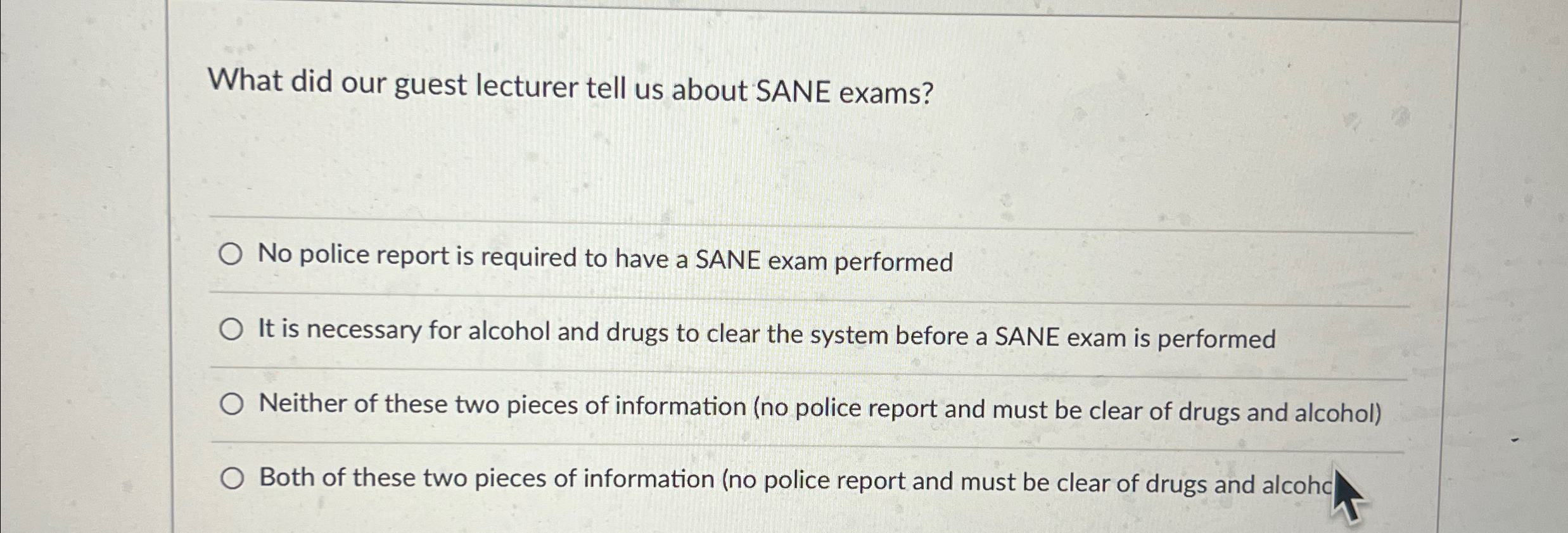 Solved What did our guest lecturer tell us about SANE | Chegg.com