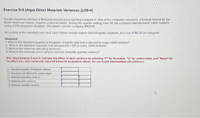Solved Exercise 9-4 (Algo) Direct Materials Variances | Chegg.com Solved Exercise 9-4 (Algo) Direct Materials Variances | Chegg.com