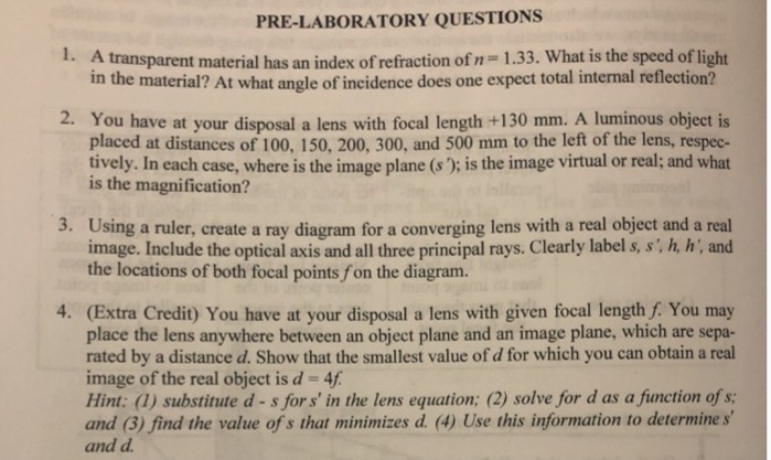 Solved PRE-LABORATORY QUESTIONSA transparent material has an | Chegg.com