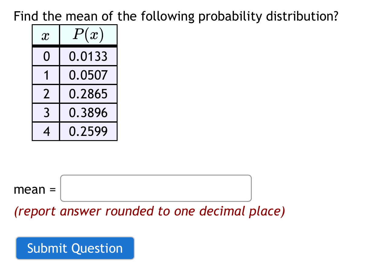 Solved Find the mean of the following probability | Chegg.com