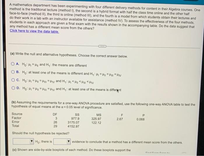 Solved A mathematics department has been experimenting with | Chegg.com