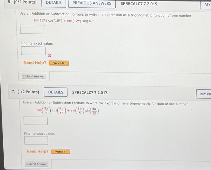 Solved Use an Addition or Subtraction Formula to write the | Chegg.com