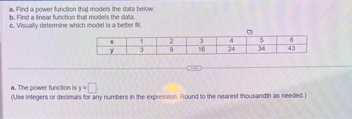 Solved A Find A Power Function That Models The Data Below 