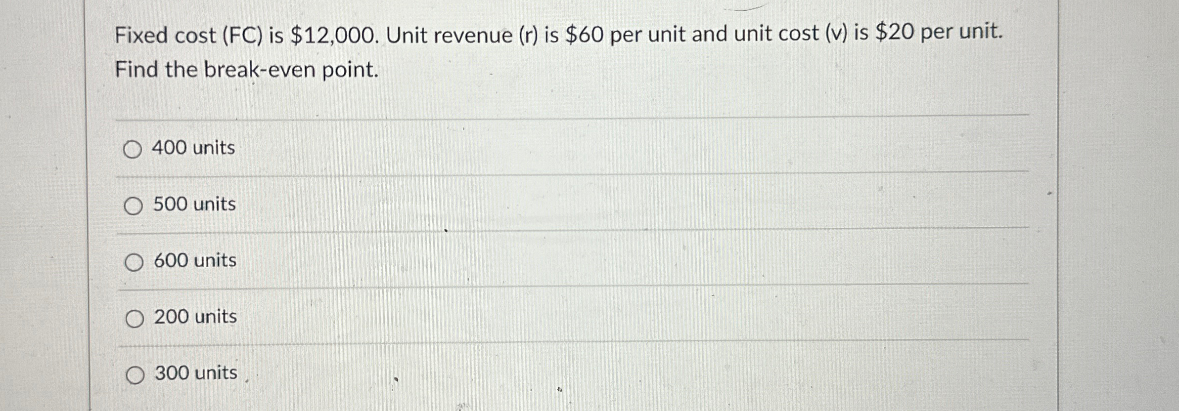 Solved Fixed cost (FC) ﻿is $12,000. ﻿Unit revenue (r) ﻿is | Chegg.com