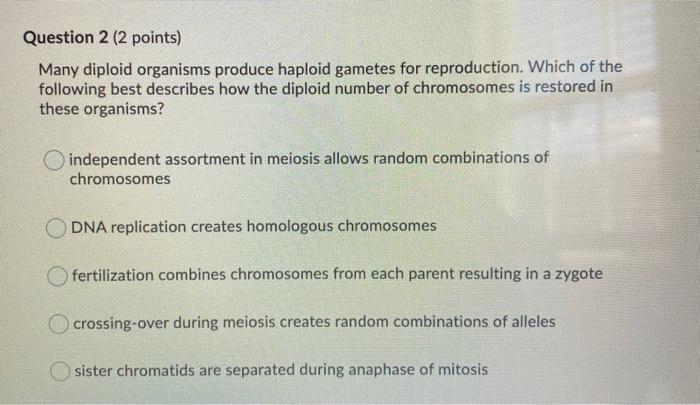 Solved Question 2 (2 points) Many diploid organisms produce | Chegg.com