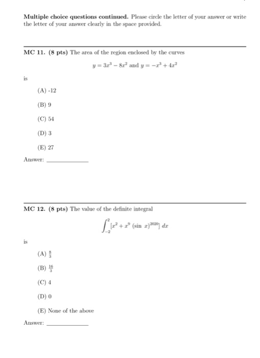 Solved Multiple choice questions continued. Please circle | Chegg.com