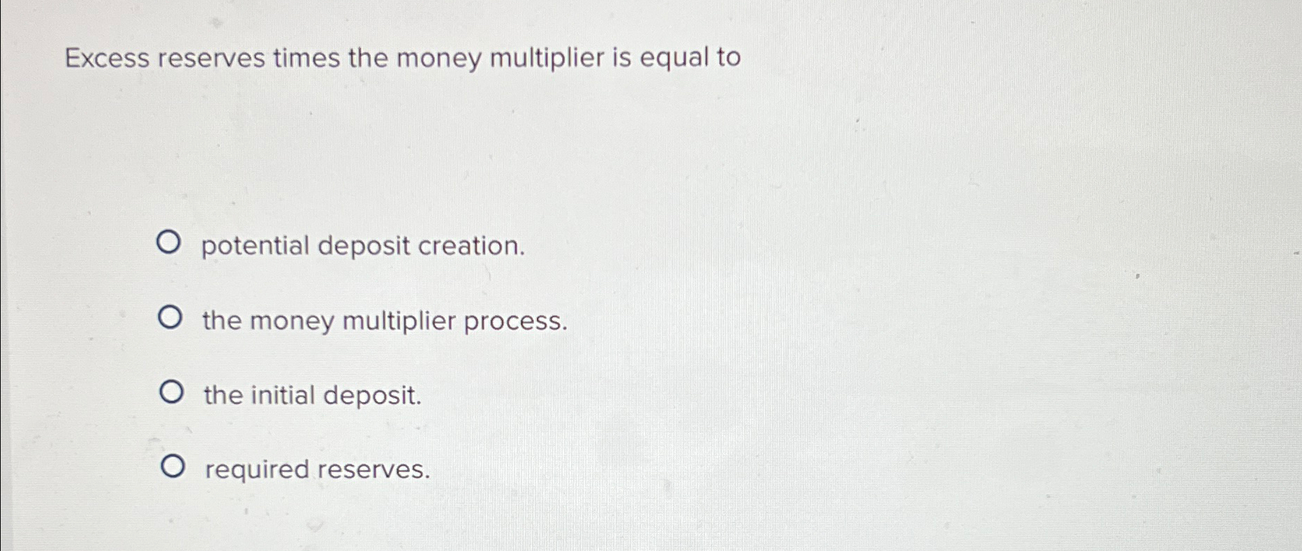 Solved Excess reserves times the money multiplier is equal | Chegg.com