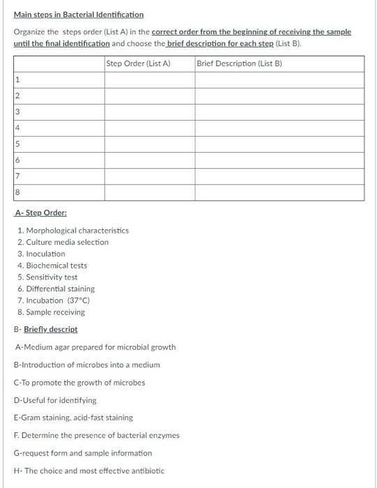 Solved Main steps in Bacterial Identification Organize the | Chegg.com