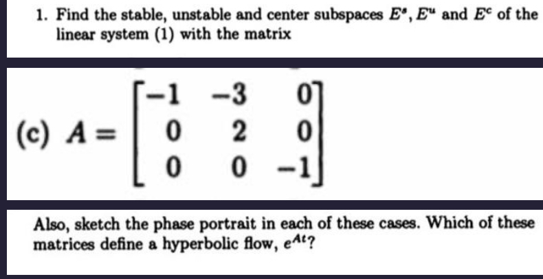 Solved Find the stable, unstable and center subspaces Es,Eu | Chegg.com