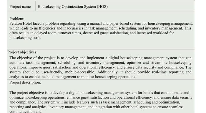 Solved Project name Housekeeping Optimization System (HOS) | Chegg.com