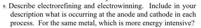 Solved 9. Describe electrorefining and electrowinning. | Chegg.com