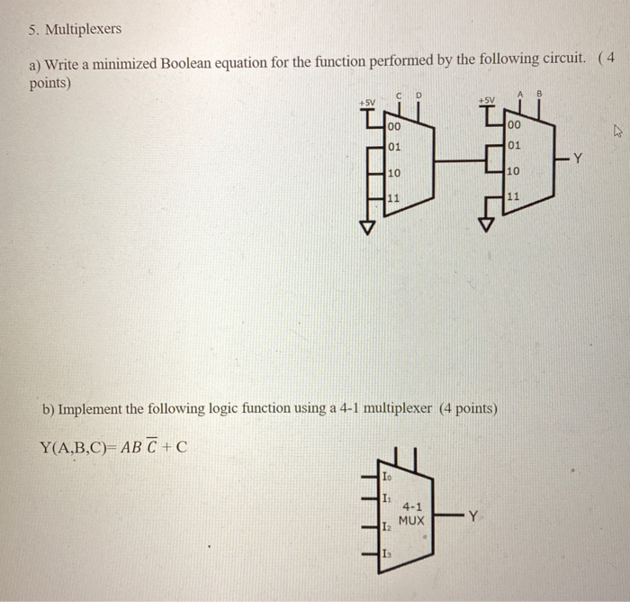 Solved 5. Multiplexers a) Write a minimized Boolean equation | Chegg.com