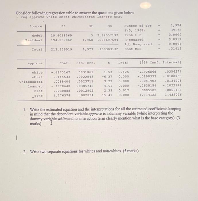 Solved Consider following regression table to answer the | Chegg.com