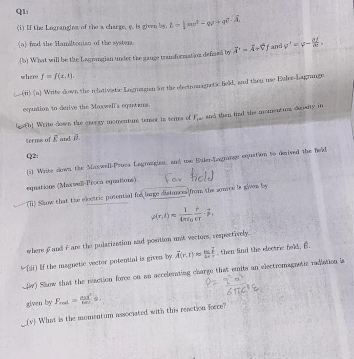 Solved Q2: for field (i) Write down the Maxwell-Proca | Chegg.com