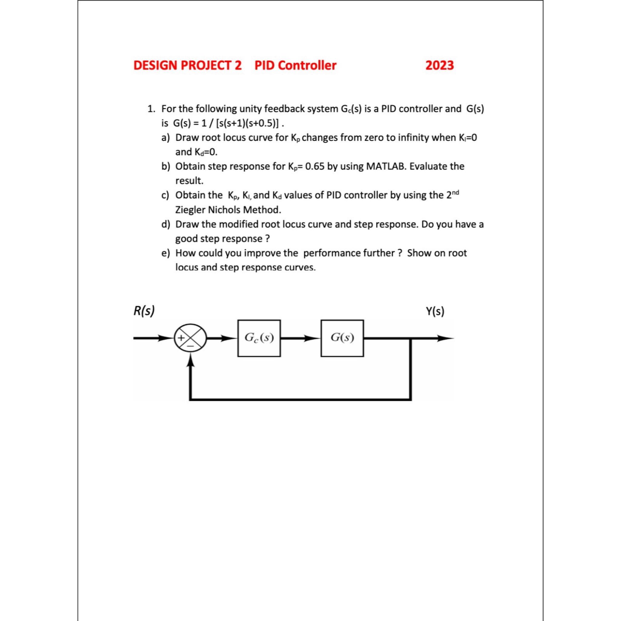 Solved DESIGN PROJECT 2 ﻿PID Controller2023For the following | Chegg.com
