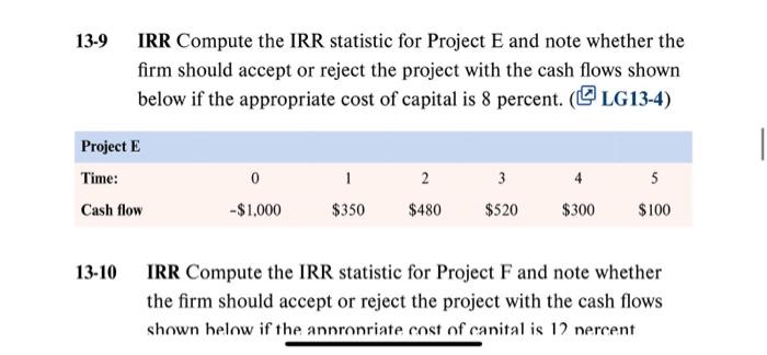 Solved 13-9 IRR Compute the IRR statistic for Project E and | Chegg.com