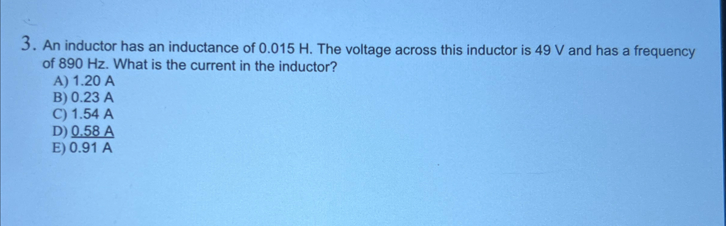 Solved An Inductor Has An Inductance Of 0 015h ﻿the Voltage