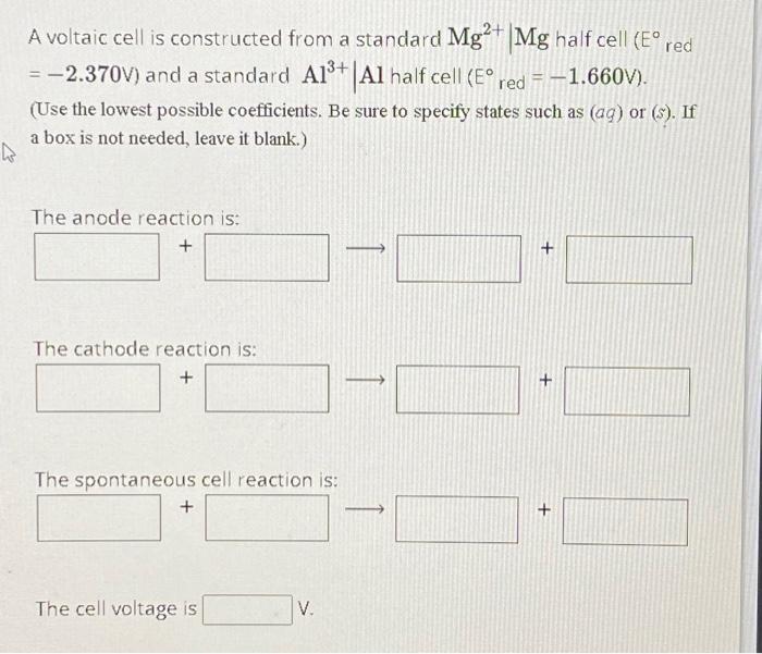 Solved A voltaic cell is constructed from a standard Mg2+∣Mg | Chegg.com