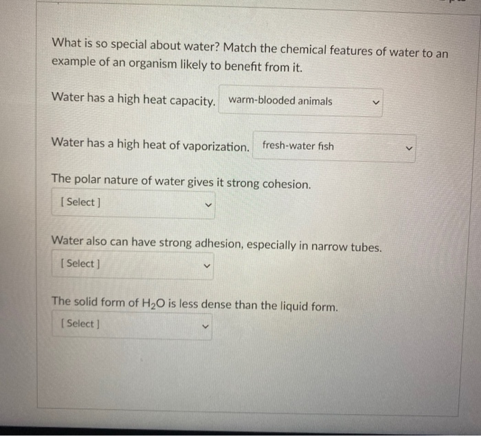 What is so special about water? Match the chemical | Chegg.com