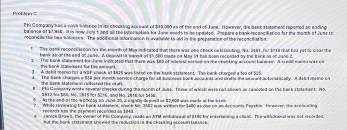 Solved Problem C Phi Company has a cash balance in its | Chegg.com