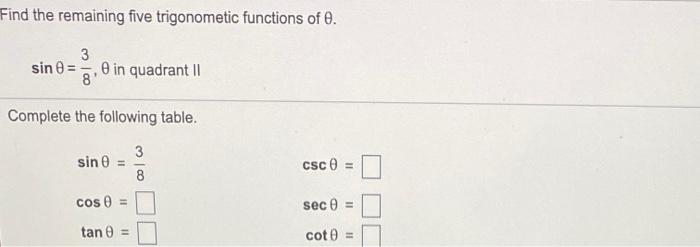 Solved Find the remaining five trigonometic functions of e. | Chegg.com