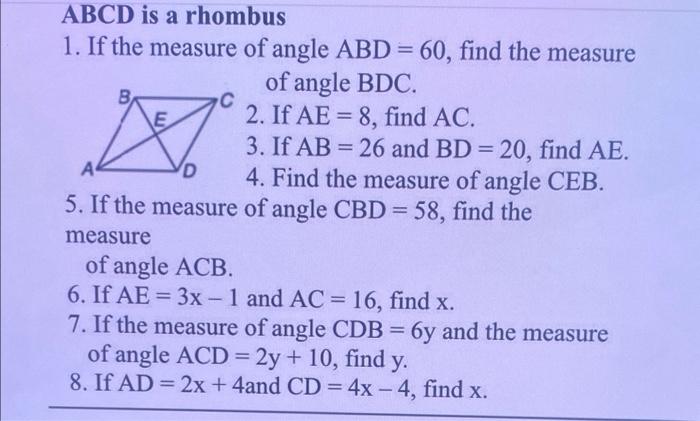 Solved 1. If the measure of angle ABD=60, find the measure | Chegg.com