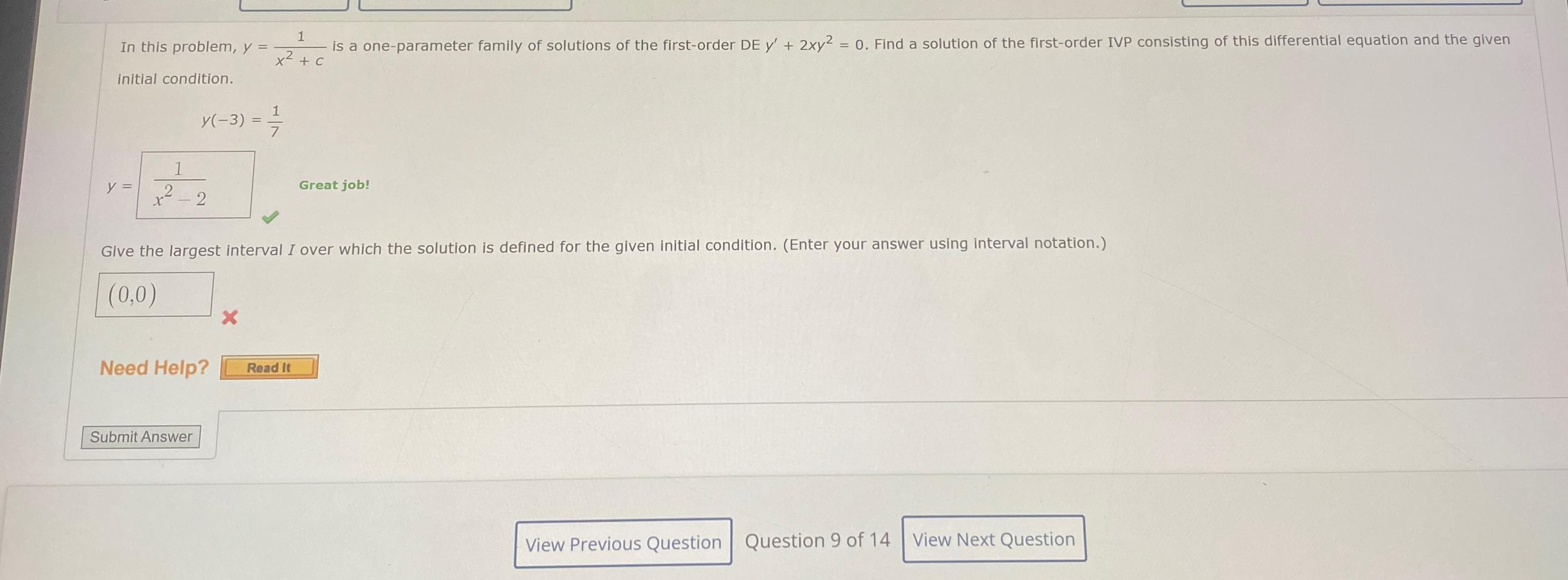 Solved initial condition.y(-3)=17y=1x2-2 ﻿Great job! Give | Chegg.com
