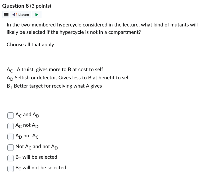 Solved Question 8 (3 ﻿points)In the two-membered hypercycle | Chegg.com