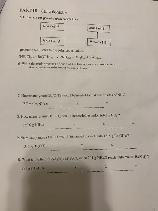 Solved PART III. Stoichiometry Solution map for gram-to-gram | Chegg.com