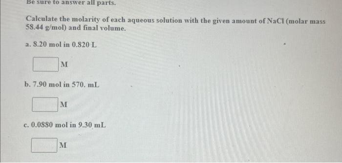 Solved Calculate the molarity of each aqueous solution with | Chegg.com