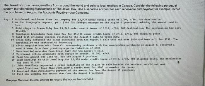 Solved The Jewel Box purchases jewellery from around the | Chegg.com