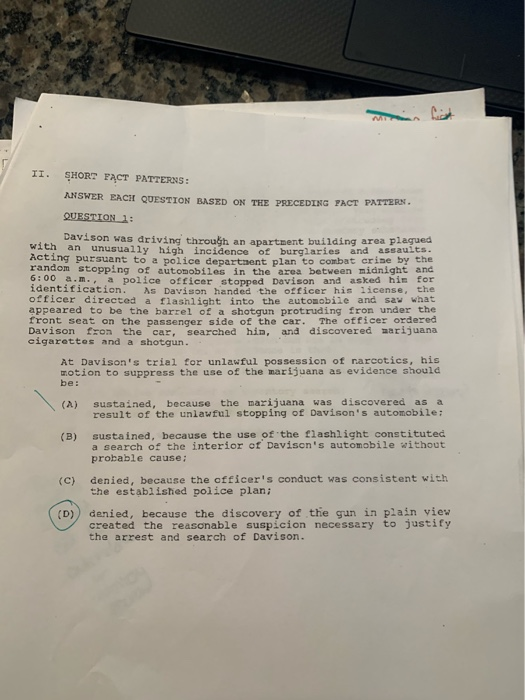 Solved II. SHORT FACT PATTERNS: ANSWER EACH QUESTION BASED | Chegg.com