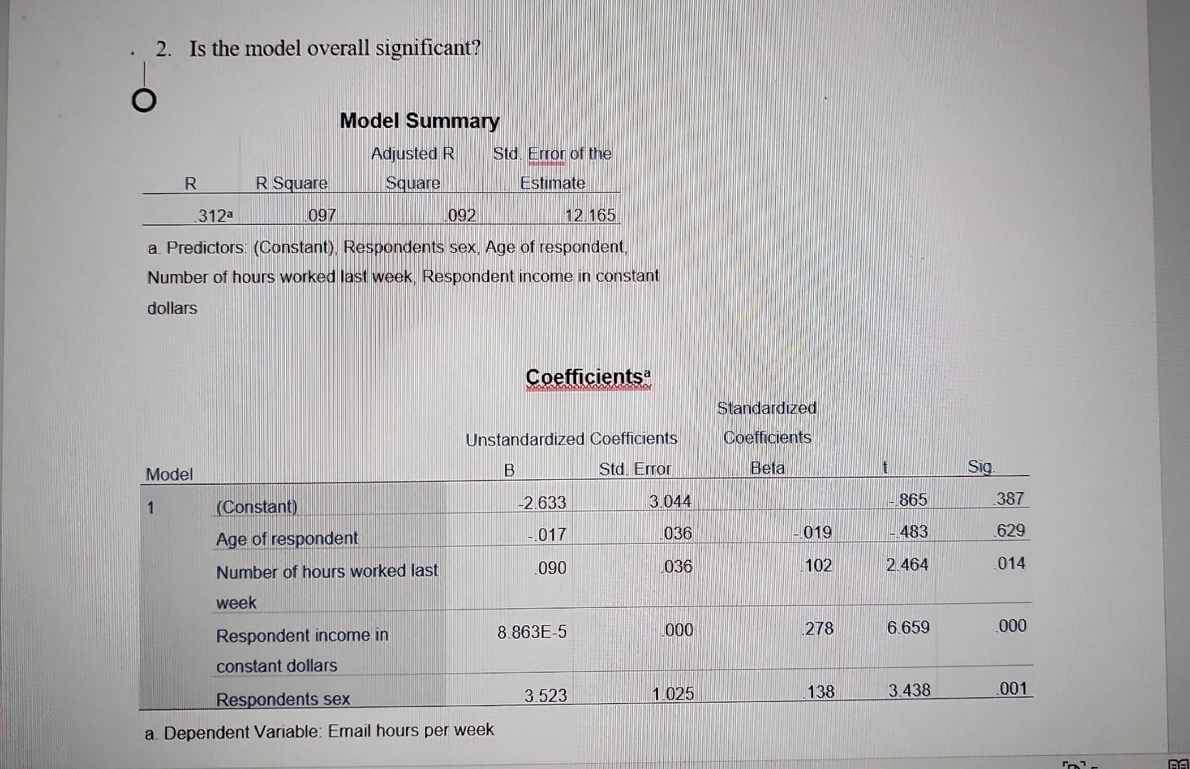 Solved 2. Is the model overall significant? a. Predictors: | Chegg.com