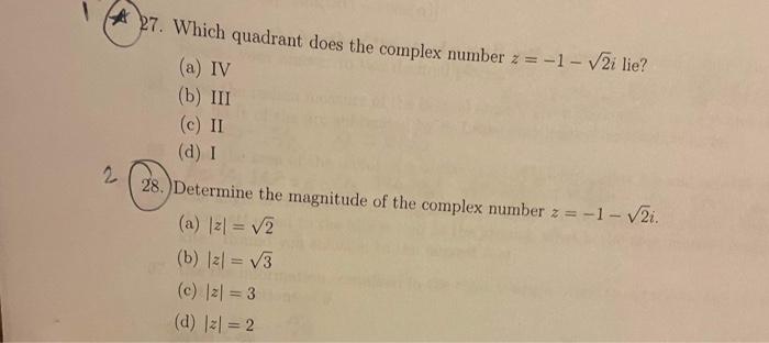 Solved 47. Which quadrant does the complex number z=−1−2i | Chegg.com