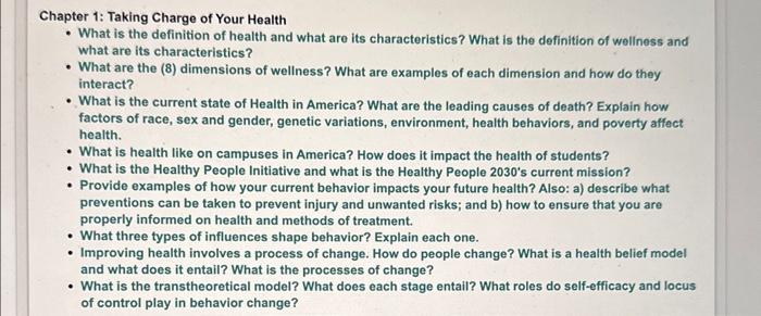 Chapter 1: Taking Charge of Your Health - What is the | Chegg.com