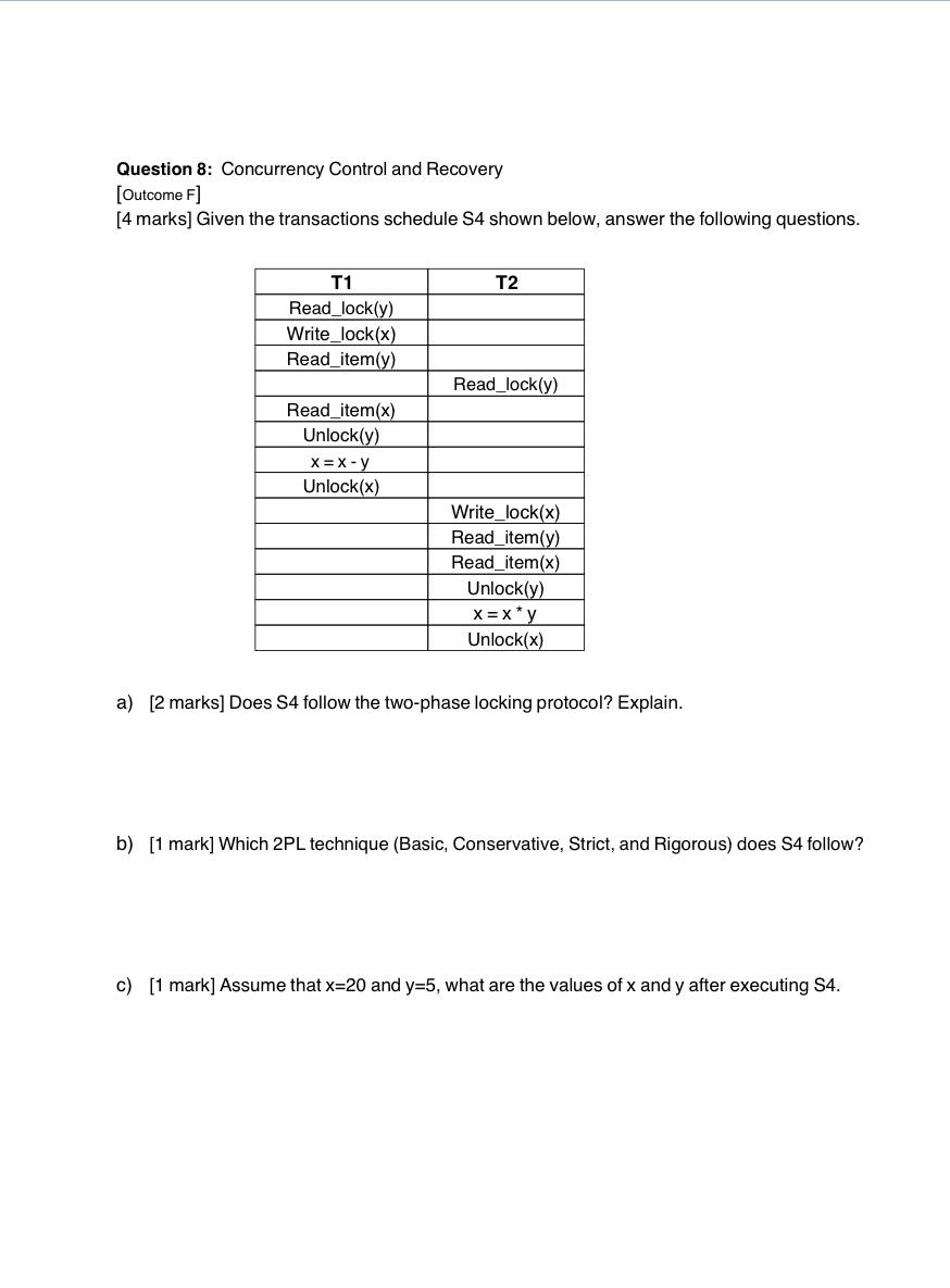 Solved Question 8: Concurrency Control and Recovery[Outcome | Chegg.com