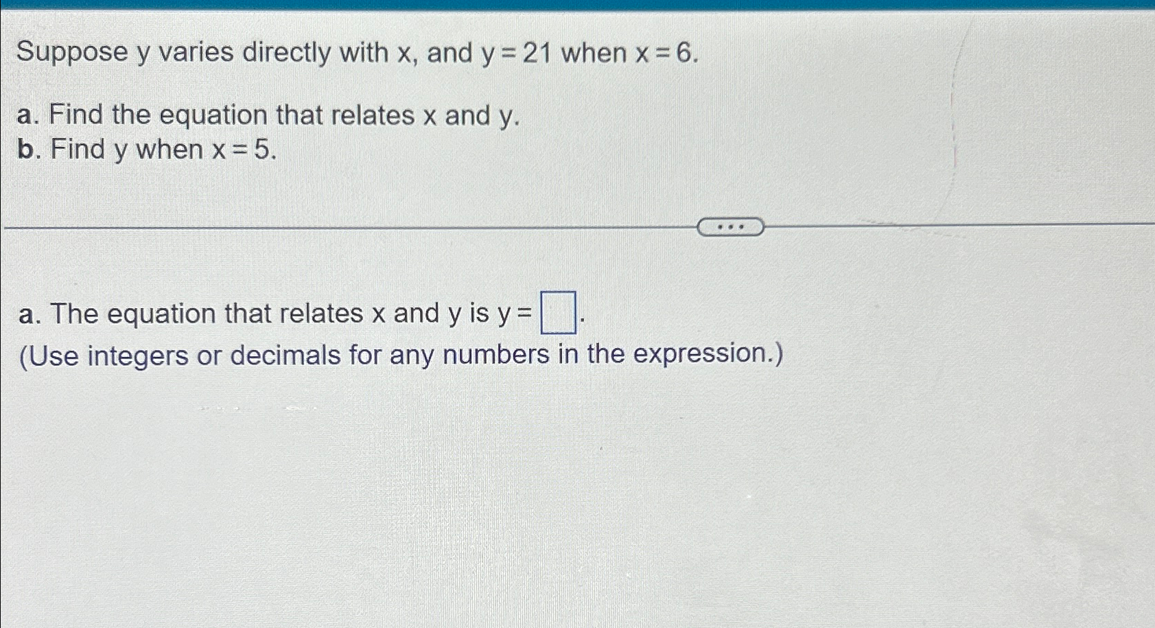 Solved Suppose y ﻿varies directly with x, ﻿and y=21 ﻿when | Chegg.com