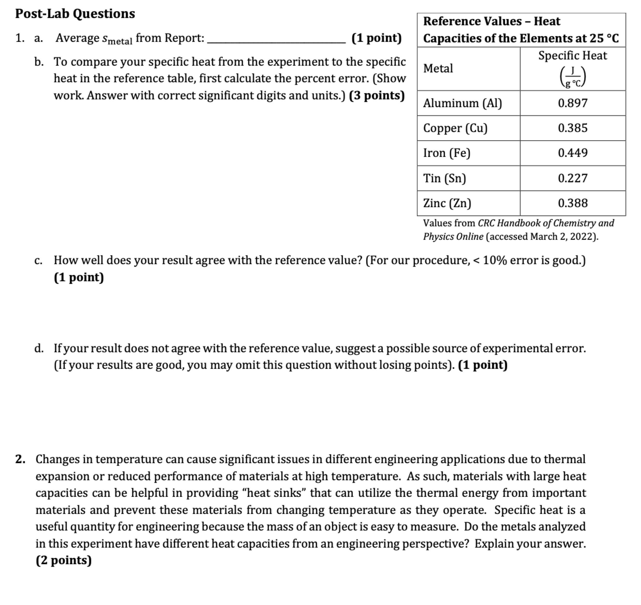 Post-Lab Questionsa. ﻿Average smetal ﻿from | Chegg.com