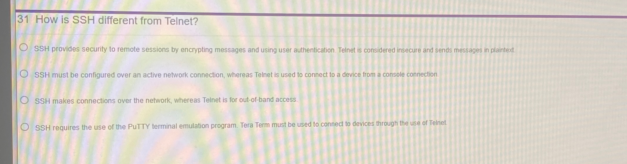 Solved 31 ﻿How is SSH different from Telnet?SSH provides | Chegg.com