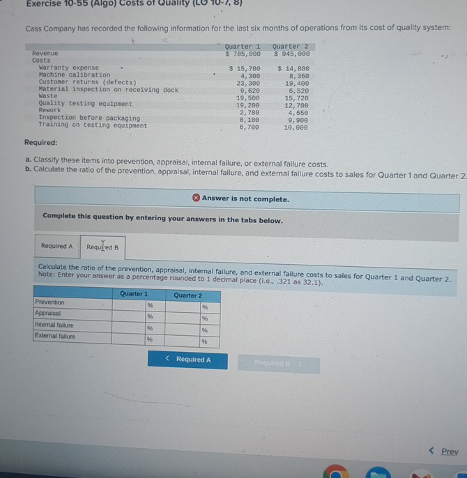 Solved Exercise 10-55 (Algo) ﻿Costs of Quality (LO | Chegg.com