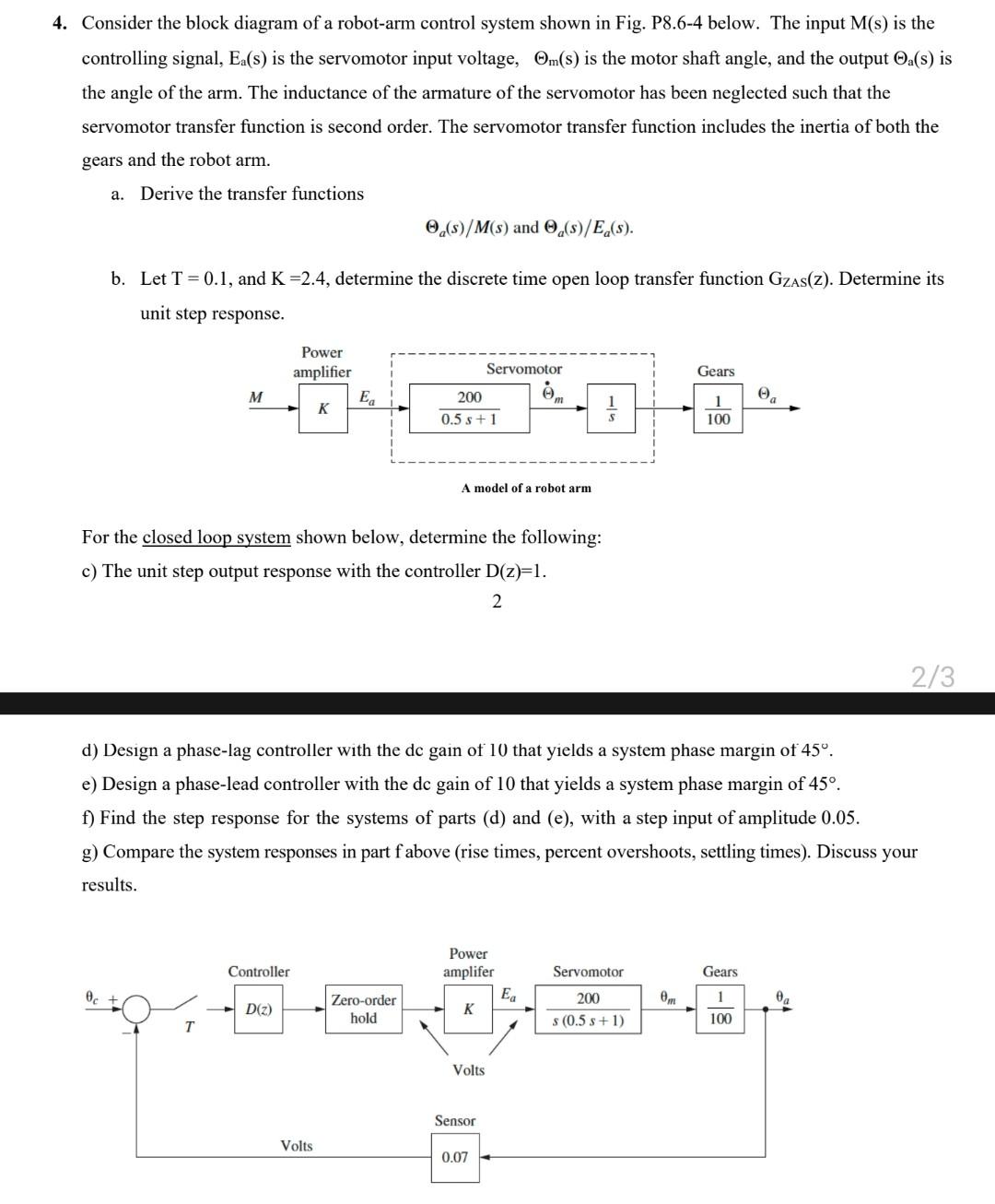 4. Consider the block diagram of a robot-arm control | Chegg.com