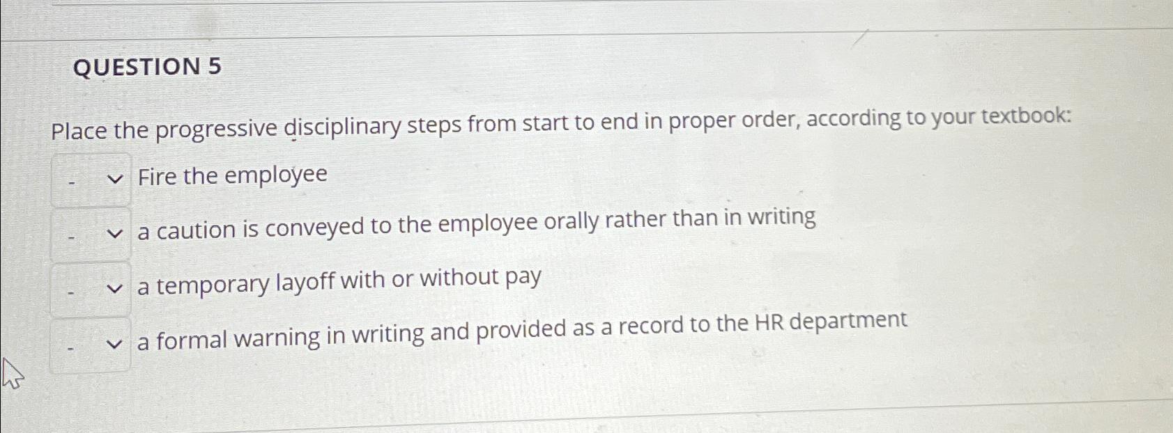 Solved QUESTION 5Place the progressive disciplinary steps | Chegg.com