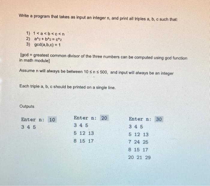 Solved Write a program that takes as input an integer n, and | Chegg.com