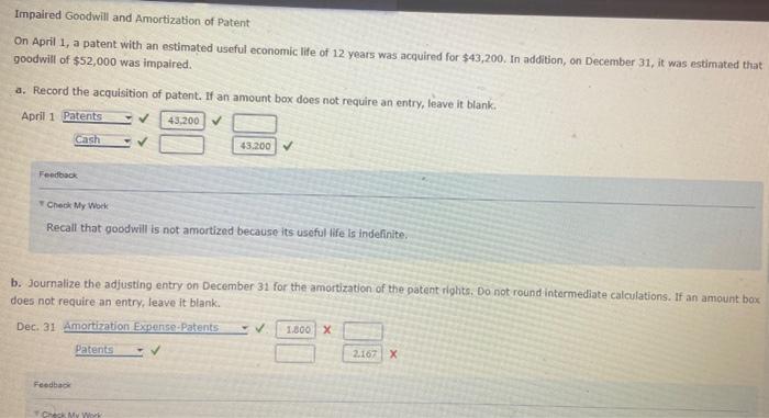 Solved Impaired Goodwill and Amortization of Patent. On | Chegg.com