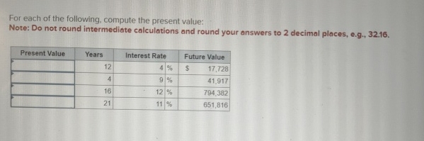 Solved For each of the following, compute the present | Chegg.com