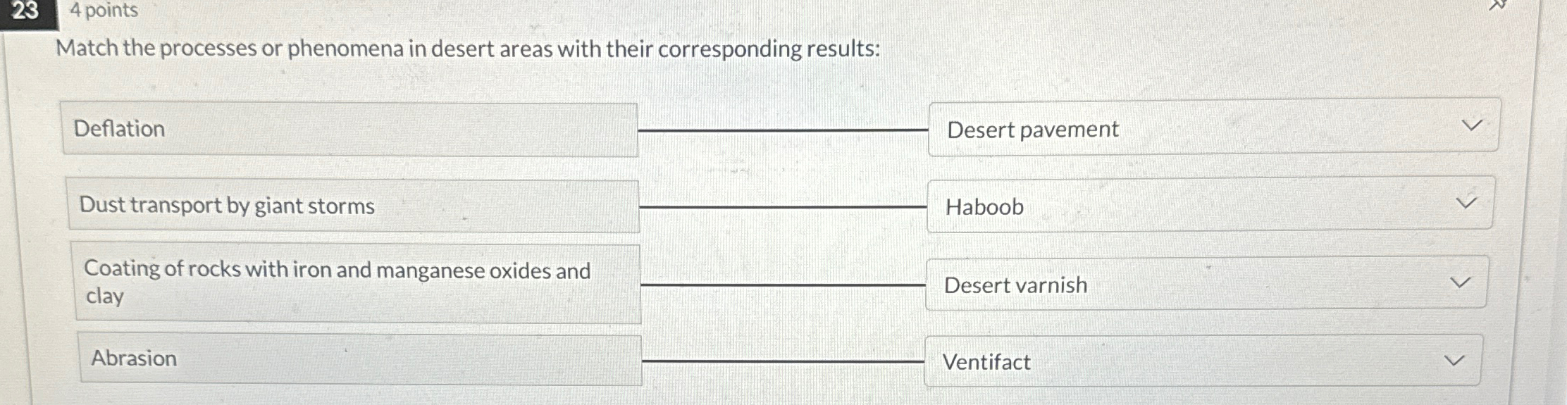 Solved 234 ﻿pointsMatch the processes or phenomena in desert | Chegg.com