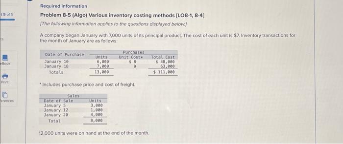 Solved Required information Problem 8-5 (Algo) Various | Chegg.com