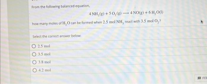 Solved From the following balanced equation, 4NH3( g)+5O2( | Chegg.com