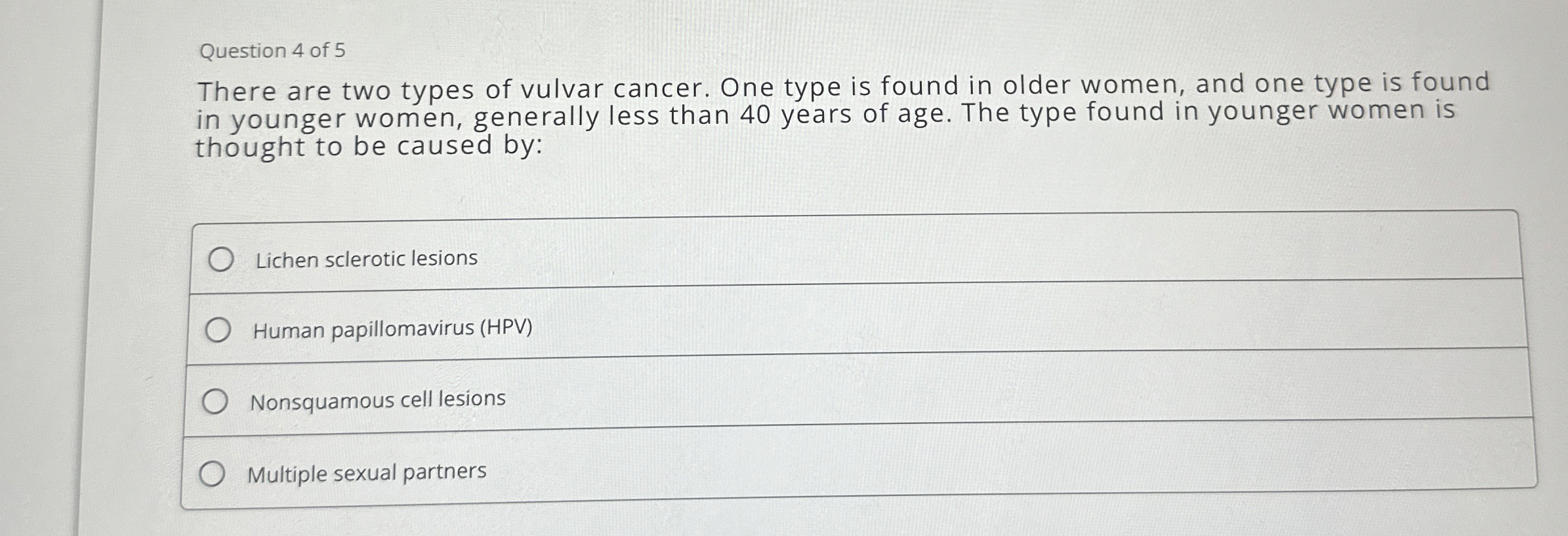 Solved Question 4 ﻿of 5There are two types of vulvar cancer. | Chegg.com