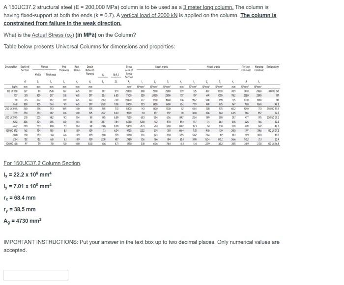 Solved A 150UC37.2 structural steel (E = 200,000 MPa) column | Chegg.com